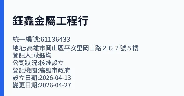 鈺鑫金屬工程行的照片-統編 61136433(高雄市) 公司登記資料與營業項目詳細圖表