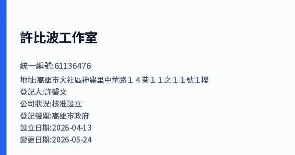 許比波工作室的照片-統編 61136476(高雄市) 公司登記資料與營業項目詳細圖表