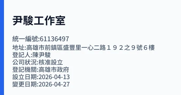 尹駿工作室的照片-統編 61136497(高雄市) 公司登記資料與營業項目詳細圖表
