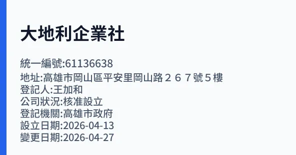 大地利企業社的照片-統編 61136638(高雄市) 公司登記資料與營業項目詳細圖表