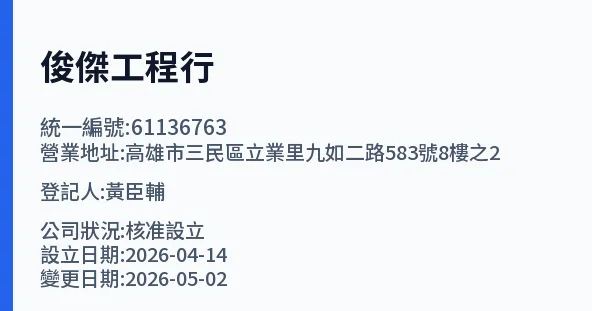 俊傑工程行的照片-統編 61136763(高雄市) 公司登記資料與營業項目詳細圖表
