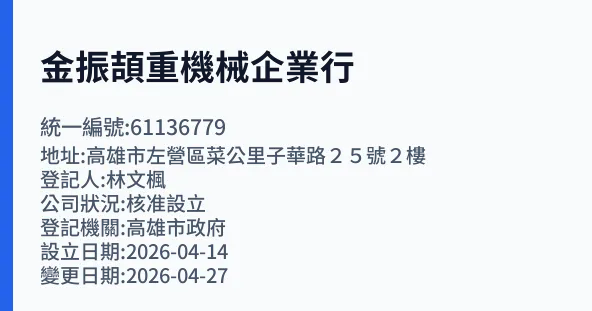 金振頡重機械企業行的照片-統編 61136779(高雄市) 公司登記資料與營業項目詳細圖表