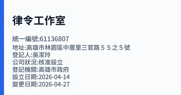 律令工作室的照片-統編 61136807(高雄市) 公司登記資料與營業項目詳細圖表