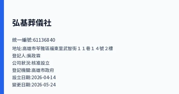 弘基葬儀社的照片-統編 61136840(高雄市) 公司登記資料與營業項目詳細圖表