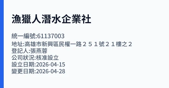 漁獵人潛水企業社的照片-統編 61137003(高雄市) 公司登記資料與營業項目詳細圖表