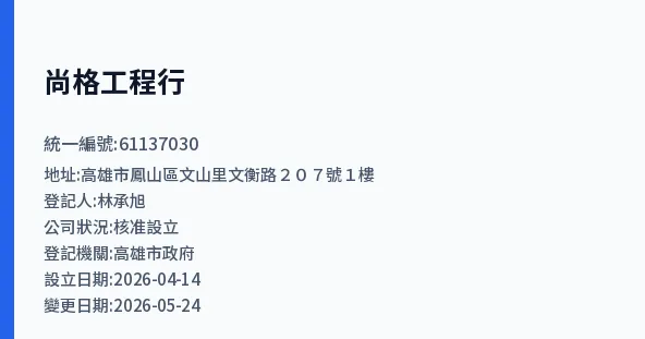 尚格工程行的照片-統編 61137030(高雄市) 公司登記資料與營業項目詳細圖表