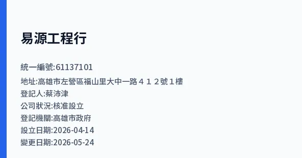 易源工程行的照片-統編 61137101(高雄市) 公司登記資料與營業項目詳細圖表