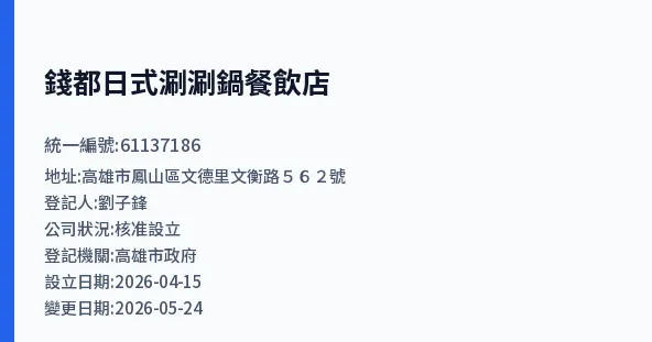 錢都日式涮涮鍋餐飲店的照片-統編 61137186(高雄市) 公司登記資料與營業項目詳細圖表