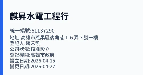 麒昇水電工程行的照片-統編 61137290(高雄市) 公司登記資料與營業項目詳細圖表