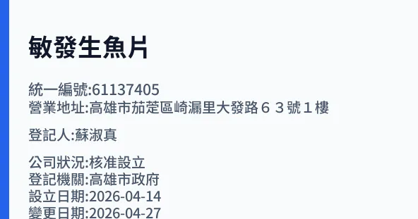 敏發生魚片的照片-統編 61137405(高雄市) 公司登記資料與營業項目詳細圖表