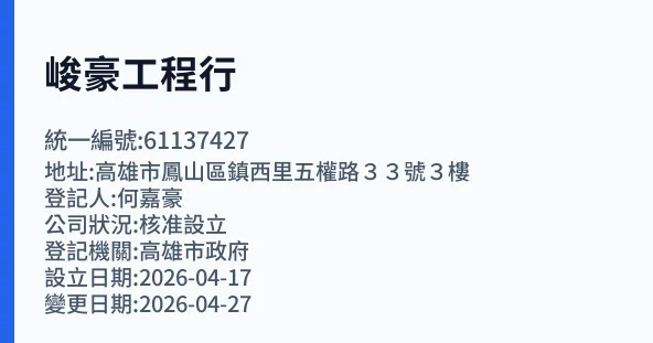 峻豪工程行的照片-統編 61137427(高雄市) 公司登記資料與營業項目詳細圖表