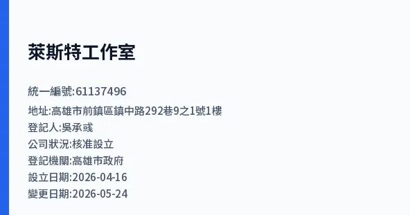 萊斯特工作室的照片-統編 61137496(高雄市) 公司登記資料與營業項目詳細圖表