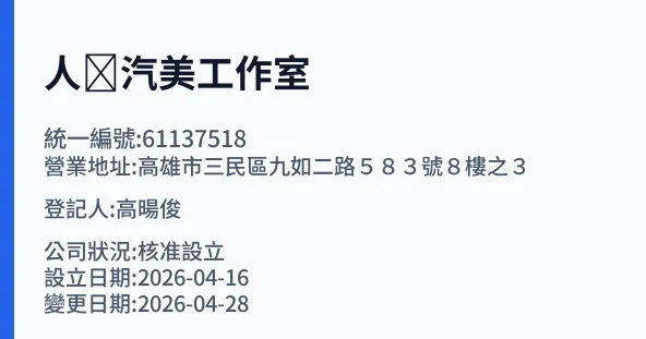 人夋汽美工作室的照片-統編 61137518(高雄市) 公司登記資料與營業項目詳細圖表