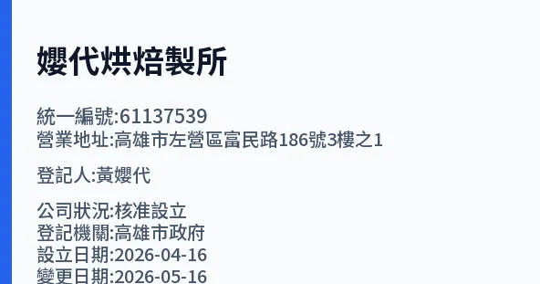 孆代烘焙製所的照片-統編 61137539(高雄市) 公司登記資料與營業項目詳細圖表