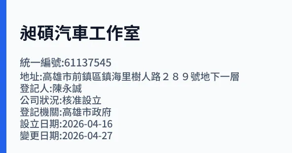 昶碩汽車工作室的照片-統編 61137545(高雄市) 公司登記資料與營業項目詳細圖表