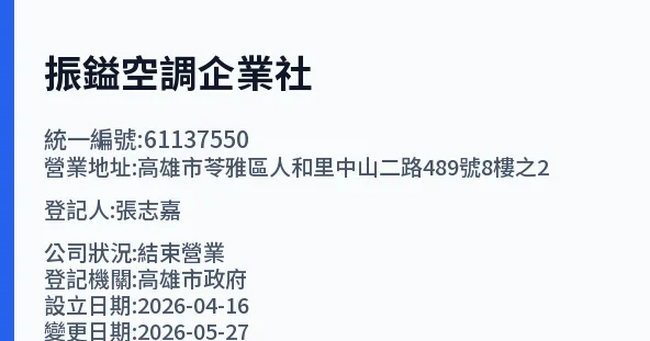 振鎰空調企業社的照片-統編 61137550 公司登記資料與營業項目詳細圖表