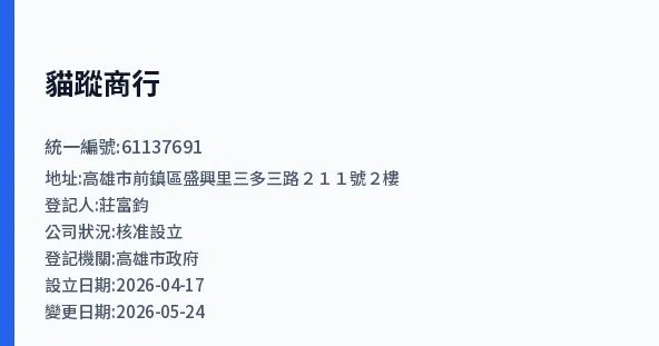 貓蹤商行的照片-統編 61137691(高雄市) 公司登記資料與營業項目詳細圖表