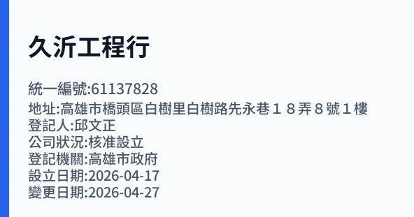 久沂工程行的照片-統編 61137828(高雄市) 公司登記資料與營業項目詳細圖表