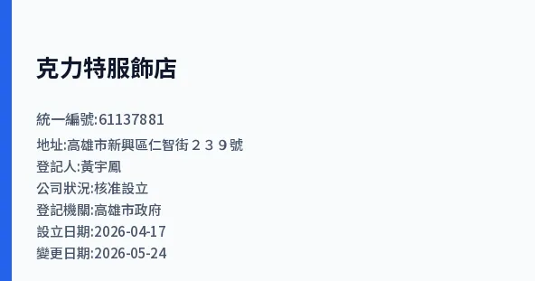 克力特服飾店的照片-統編 61137881(高雄市) 公司登記資料與營業項目詳細圖表