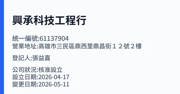 興承科技工程行的照片-統編 61137904(高雄市) 公司登記資料與營業項目詳細圖表