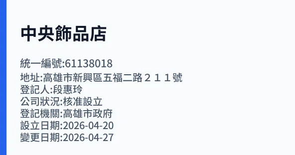 中央飾品店的照片-統編 61138018(高雄市) 公司登記資料與營業項目詳細圖表