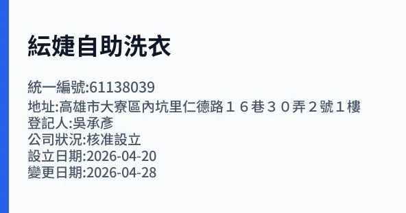 紜婕自助洗衣的照片-統編 61138039(高雄市) 公司登記資料與營業項目詳細圖表