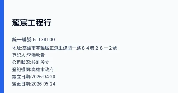 龍宸工程行的照片-統編 61138100(高雄市) 公司登記資料與營業項目詳細圖表
