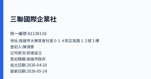 三聯國際企業社的照片-統編 61138116(高雄市) 公司登記資料與營業項目詳細圖表