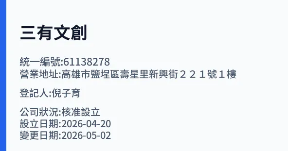 三有文創的照片-統編 61138278(高雄市) 公司登記資料與營業項目詳細圖表