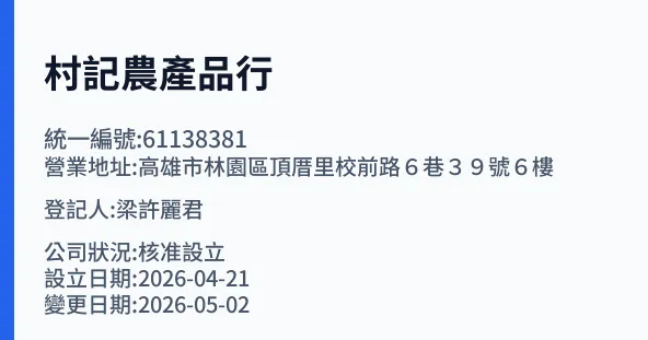 村記農產品行的照片-統編 61138381(高雄市) 公司登記資料與營業項目詳細圖表