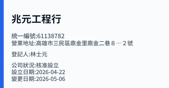 兆元工程行的照片-統編 61138782(高雄市) 公司登記資料與營業項目詳細圖表