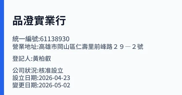 品澄實業行的照片-統編 61138930(高雄市) 公司登記資料與營業項目詳細圖表