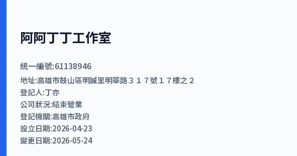 阿阿丁丁工作室的照片-統編 61138946(高雄市) 公司登記資料與營業項目詳細圖表