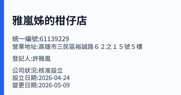 雅嵐姊的柑仔店的照片-統編 61139229(高雄市) 公司登記資料與營業項目詳細圖表