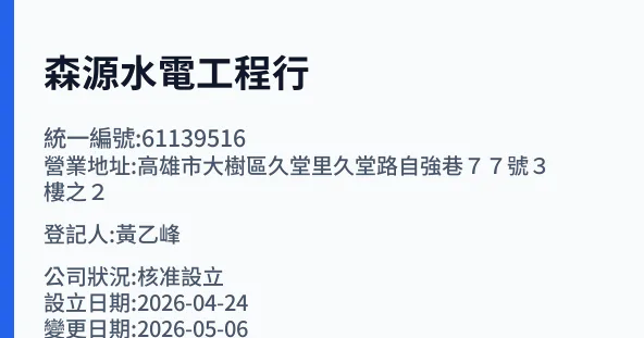 森源水電工程行的照片-統編 61139516(高雄市) 公司登記資料與營業項目詳細圖表