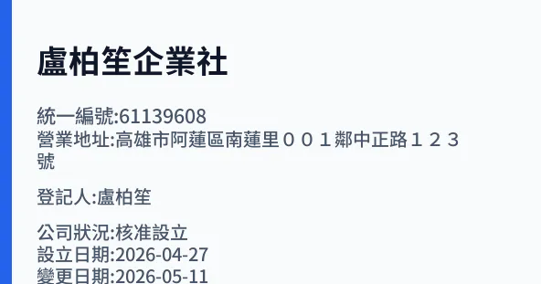 盧柏笙企業社的照片-統編 61139608(高雄市) 公司登記資料與營業項目詳細圖表