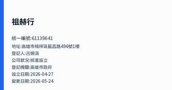 祖赫行的照片-統編 61139641(高雄市) 公司登記資料與營業項目詳細圖表