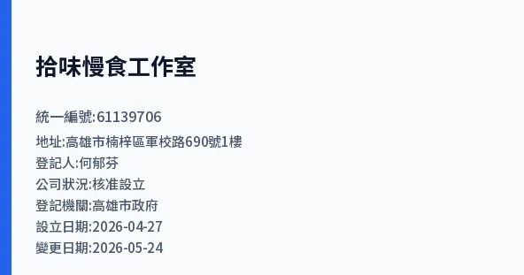拾味慢食工作室的照片-統編 61139706(高雄市) 公司登記資料與營業項目詳細圖表