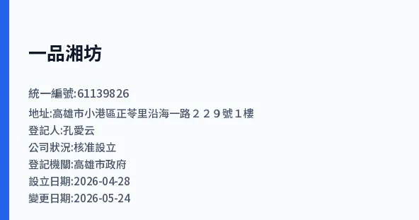 一品湘坊的照片-統編 61139826(高雄市) 公司登記資料與營業項目詳細圖表
