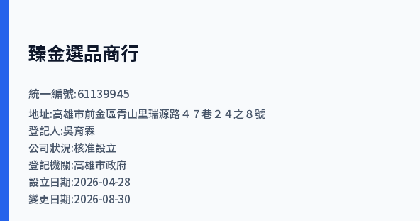 臻金選品商行的照片-統編 61139945 公司登記資料與營業項目詳細圖表