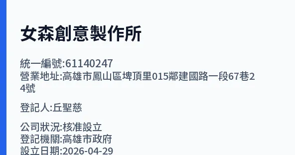 女森創意製作所的照片-統編 61140247(高雄市) 公司登記資料與營業項目詳細圖表