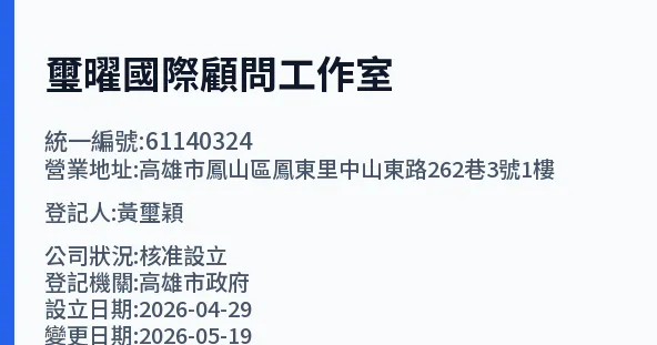 璽曜國際顧問工作室的照片-統編 61140324(高雄市) 公司登記資料與營業項目詳細圖表
