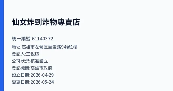 仙女炸到炸物專賣店的照片-統編 61140372(高雄市) 公司登記資料與營業項目詳細圖表