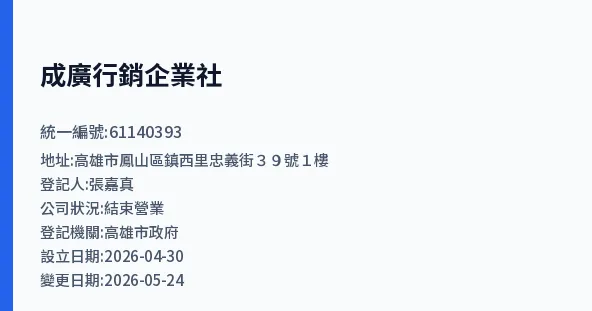 成廣行銷企業社的照片-統編 61140393(高雄市) 公司登記資料與營業項目詳細圖表