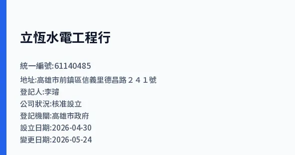 立恆水電工程行的照片-統編 61140485(高雄市) 公司登記資料與營業項目詳細圖表