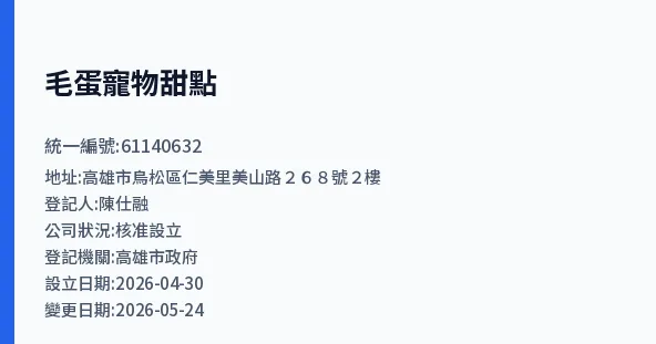 毛蛋寵物甜點的照片-統編 61140632(高雄市) 公司登記資料與營業項目詳細圖表