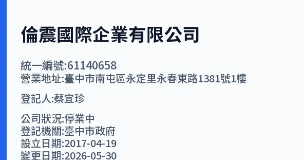 倫震國際企業有限公司的照片-統編 61140658(臺中市) 公司登記資料與營業項目詳細圖表