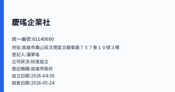 慶瑤企業社的照片-統編 61140680(高雄市) 公司登記資料與營業項目詳細圖表