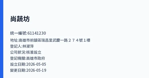 尚蔬坊的照片-統編 61141230(高雄市) 公司登記資料與營業項目詳細圖表