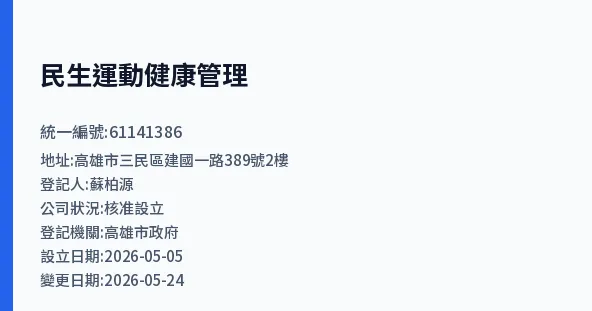 民生運動健康管理的照片-統編 61141386(高雄市) 公司登記資料與營業項目詳細圖表